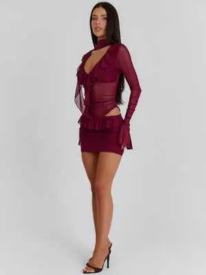 OUTCAST Avaline Mini Dress Burgundy - Red