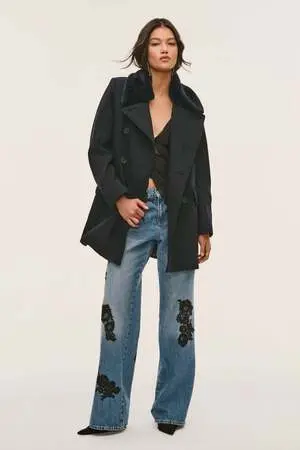 LoveShackFancy Verdine Faux Fur Collar Peacoat - Navy