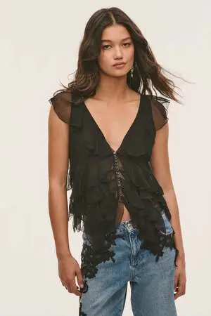 LoveShackFancy Elvareen Silk Ruffle Top