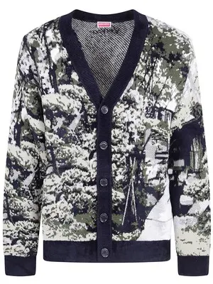 Kenzo Japanese Garden Tree Pattern Knit Cardigan - Green