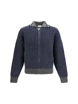 Versace Intarsia Wool Knit Zip Cardigan - Gray