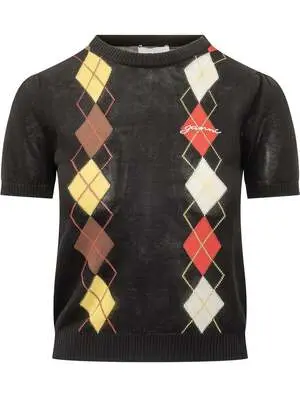 GANNI Cotton Argyle T-shirt - Black
