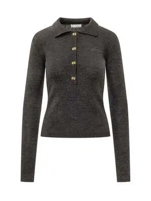 GANNI Ribbed Wool Polo - Phantom