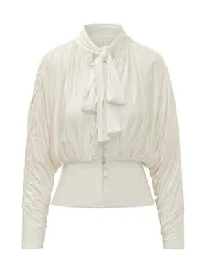 SELF-PORTRAIT Tie-neck T-shirt Top - Cream