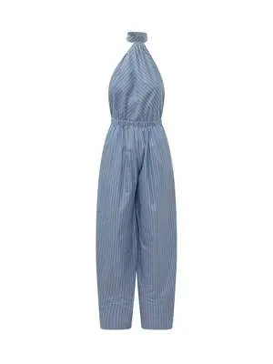 Andamane Halter Neck Striped Jumpsuit - Light Blue/saffron