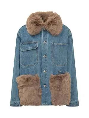 AVA ADORE Fur Trimmed Worker Denim Jacket - Blu
