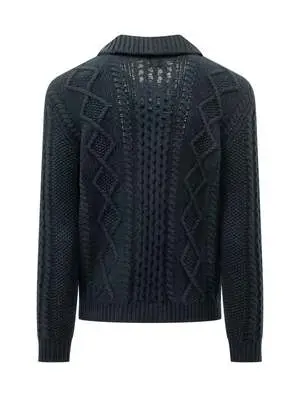 RAKKI Aran Polo Cardigan - Blu Notte