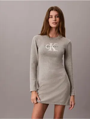 Calvin Klein Monogram Logo Long Sleeve Mini Dress - Grey Heather
