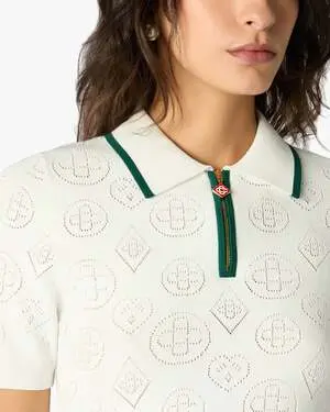 Casablanca White Pointelle Monogram Short Sleeve Cropped Polo Shirt