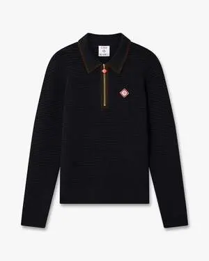 Casablanca Navy Wool Waffle Stitch Long Sleeve Polo Shirt