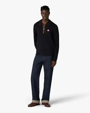 Casablanca Navy Wool Waffle Stitch Long Sleeve Polo Shirt