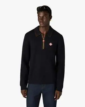 Casablanca Navy Wool Waffle Stitch Long Sleeve Polo Shirt