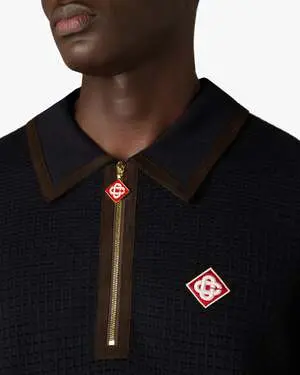 Casablanca Navy Wool Waffle Stitch Long Sleeve Polo Shirt