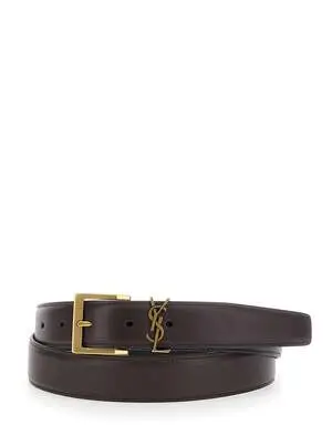 Saint Laurent Belt With Cassandre Plate On The Front And Adjustable Buckle Closure In Leather For - Brown