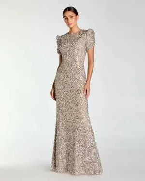Mac Duggal Petite Beige Sequin Trumpet Gown With Puff Sleeves