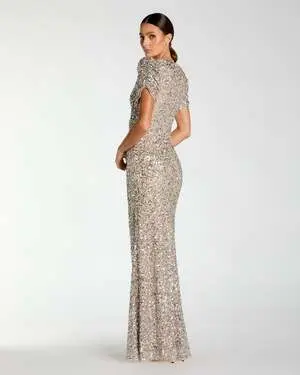 Mac Duggal Petite Beige Sequin Trumpet Gown With Puff Sleeves