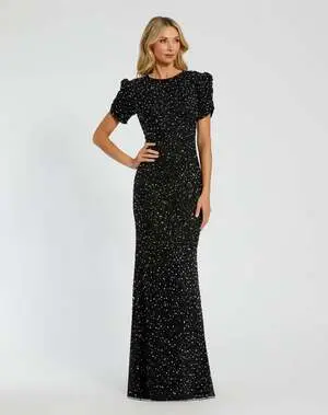 Mac Duggal Petite Gathered Short Sleeve Embellished Gown