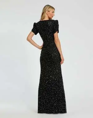 Mac Duggal Petite Gathered Short Sleeve Embellished Gown