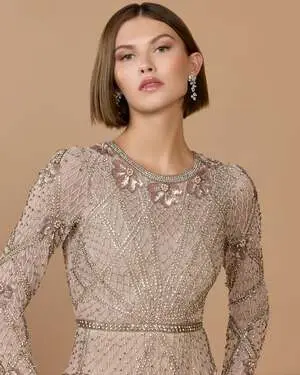 MAC DUGGAL COLLECTION Rhinestone Embellished Long Sleeve A-line Gown - Rose