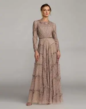MAC DUGGAL COLLECTION Rhinestone Embellished Long Sleeve A-line Gown