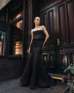 Mac Duggal Strapless Satin Corset Peplum Gown