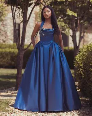 Mac Duggal Blue Sleeveless Open Back Satin Ball Gown