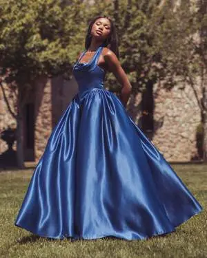 Mac Duggal Blue Sleeveless Open Back Satin Ball Gown
