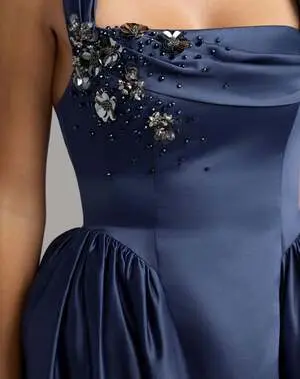 Mac Duggal Blue Sleeveless Open Back Satin Ball Gown