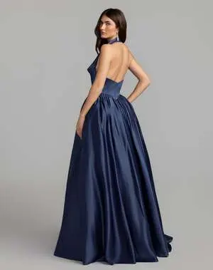 Mac Duggal Blue Sleeveless Open Back Satin Ball Gown