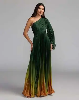 Mac Duggal Pleated Charmeuse One Shoulder Ombre Gown - Green