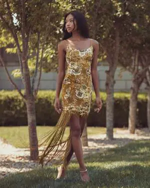Mac Duggal Embellished Fringe Maxi Dress