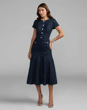 Mac Duggal High Neck Short Sleeve Boucle Midi Dress