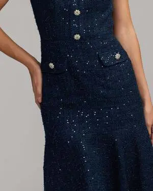 Mac Duggal High Neck Short Sleeve Boucle Midi Dress