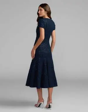 Mac Duggal High Neck Short Sleeve Boucle Midi Dress