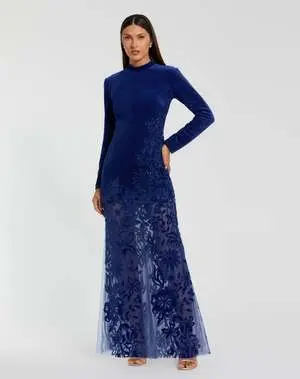 Mac Duggal Long Sleeve Sheer Floral Embroidered Velvet Gown - Blue