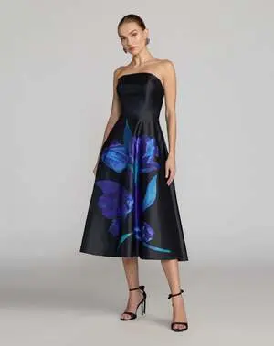 Mac Duggal Floral Print Strapless Midi Dress - Black