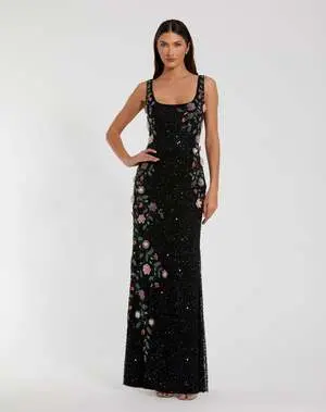Mac Duggal Floral Beaded Scoop Neck Sleeveless Gown