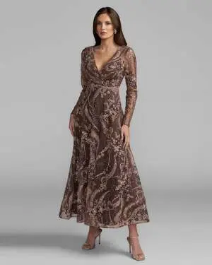 Mac Duggal Embroidered Long Sleeve V-neck Midi Dress