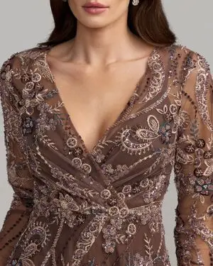 Mac Duggal Embroidered Long Sleeve V-neck Midi Dress