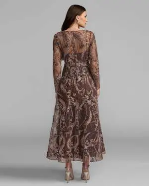 Mac Duggal Embroidered Long Sleeve V-neck Midi Dress