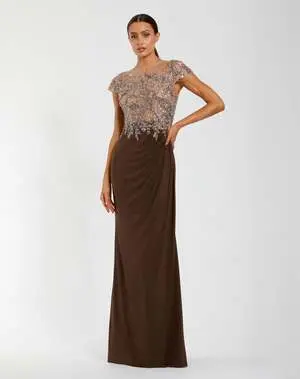 Mac Duggal Petite Brown High Neck Embellished Jersey Gown