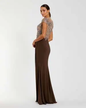 Mac Duggal Petite Brown High Neck Embellished Jersey Gown