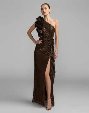 Mac Duggal One Shoulder Sequin Gown With Ruffle Detail