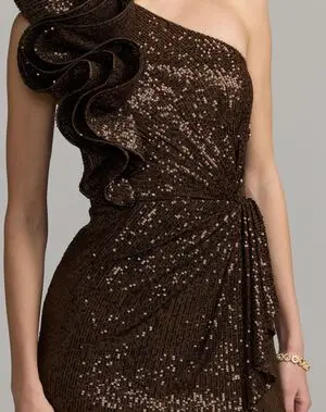 Mac Duggal One Shoulder Sequin Gown With Ruffle Detail