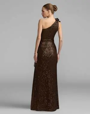 Mac Duggal One Shoulder Sequin Gown With Ruffle Detail