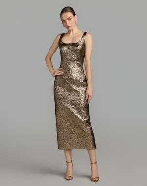 Mac Duggal Metallic Scoop Neck Brocade Midi Dress