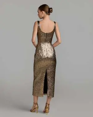 Mac Duggal Metallic Scoop Neck Brocade Midi Dress