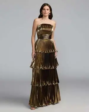 Mac Duggal Deep Strapless Pleated Metallic Layered Ruffle Gown