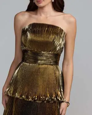 Mac Duggal Deep Strapless Pleated Metallic Layered Ruffle Gown