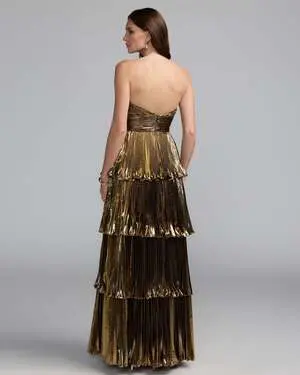 Mac Duggal Deep Strapless Pleated Metallic Layered Ruffle Gown